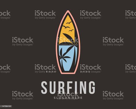 서핑 보드 서핑 서핑 비치 바다 파도 스포츠 휴일 팜 일몰 경치 좋은 복고풍 벡터 디자인 일러스트 레이 션 로고에 대한 스톡 벡터 아트 및 기타 이미지 Istock