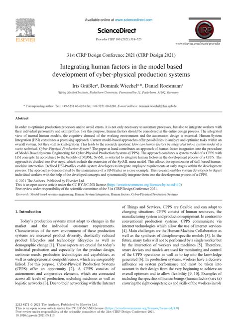 Pdf Integrating Human Factors In The Model Based Development Of Cyber Physical Production Systems