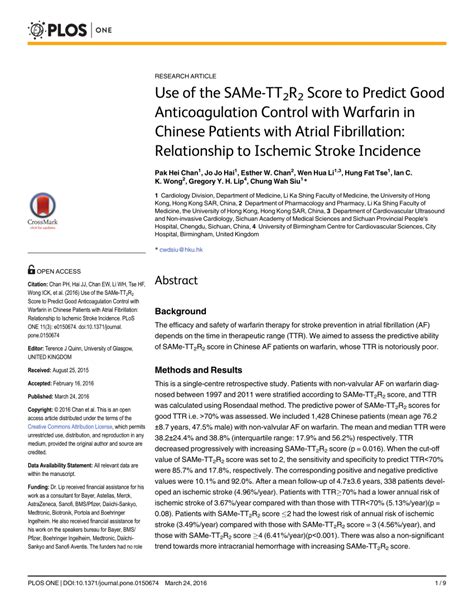 Pdf Use Of The Same Tt2r2 Score To Predict Good Anticoagulation Control With Warfarin In
