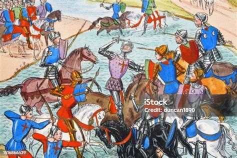 강에서 전투를 벌이는 말을 탄 중세 기사들 14세기 전쟁 백년 전쟁 중세에 대한 스톡 벡터 아트 및 기타 이미지 중세 14세기 군대 Istock