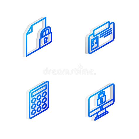 Set Isometric Line Identification Badge Document And Lock Password Protection And Lock