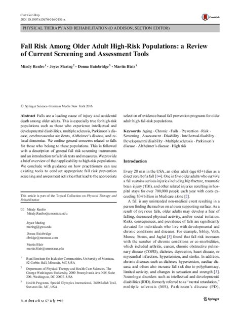 Pdf Fall Risk Among Older Adult High Risk Populations A Review Of Current Screening And