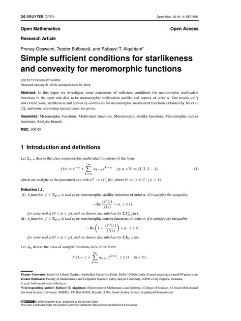 Pdf Simple Sufficient Conditions For Starlikeness And Convexity For Meromorphic Functions