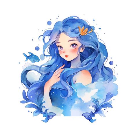 Aquarius Zodiac Sign Watercolor Anime Style On White Background Stock