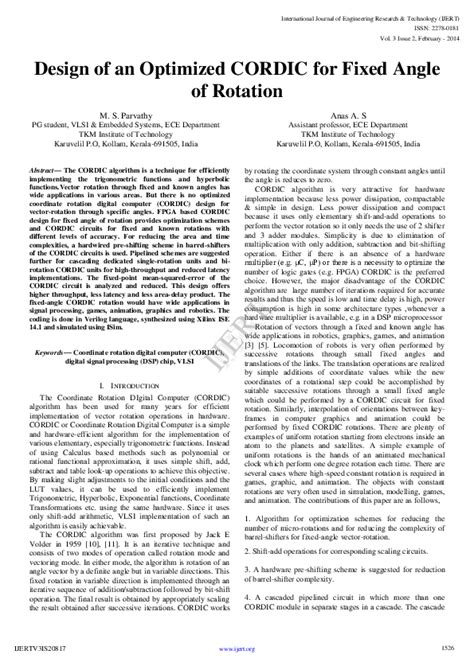pdf ijert design of an optimized cordic for fixed angle of rotation