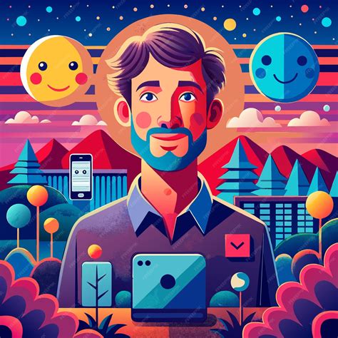 Premium Vector Vector Illustration Of A Man With A Laptop On The Background Of The City