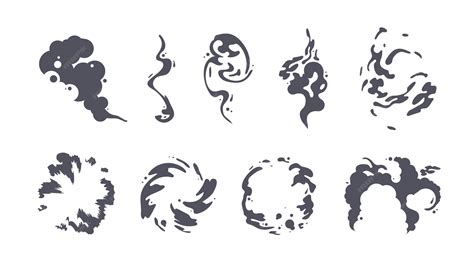 특수 효과 템플릿 벡터 연기 세트 만화 증기 구름 퍼프 미스트 안개 수증기 또는 먼지 폭발 2d Vfx 그림 프리미엄 벡터