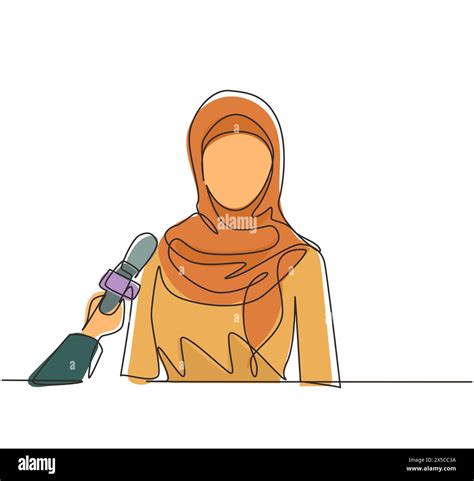 Single One Line Drawing Interview With Young Arabian Girl Digital Journalism News Conference