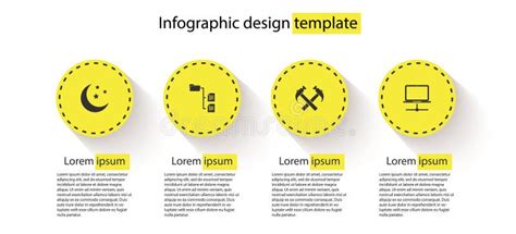 Set Moon And Stars Folder Tree Two Crossed Hammers And Computer Network Business Infographic