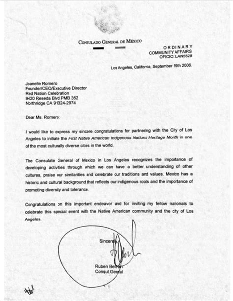 Acknowledgment Letter From Consulate General Of Mexico Red Nation