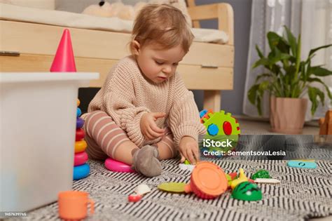 화려한 무지개 분류기 장난감을 가지고 노는 집중된 아기의 실내 장면 소파 근처 바닥에 앉아 어린 아이들을 위한 장난감 어린 소녀 보육원을 위한 인테리어 18 23 개월에