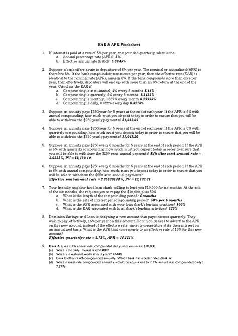 EAR APR Worksheet EAR APR Worksheet If Interest Is Paid At A Rate Of 5 Per Year Studocu