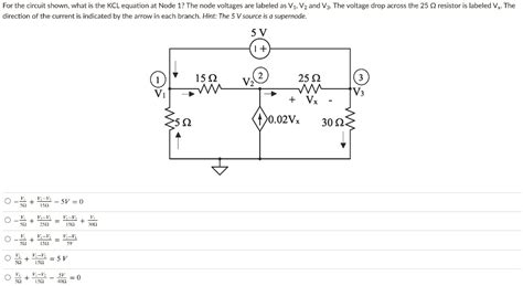 solved for the circuit shown what is the kcl equation at node 1 the