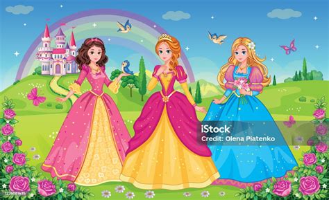 아름다운 엘프 공주를 설정합니다 성 무지개와 멋진 꽃 초원과 아이들의 배경 여자를위한 배경 화면 원더랜드 만화 일러스트레이션 친구 나 가족을위한 엽서 벡토트 공주에 대한