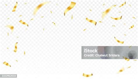 금색 색종이 조각과 리본 배경 떨어지는 밝은 금색 반짝이 색종이 조각 리본 별 축하 투명 배경에 구불구불한 색종이 벡터 일러스트 레이 션 12월 31일에 대한 스톡 벡터