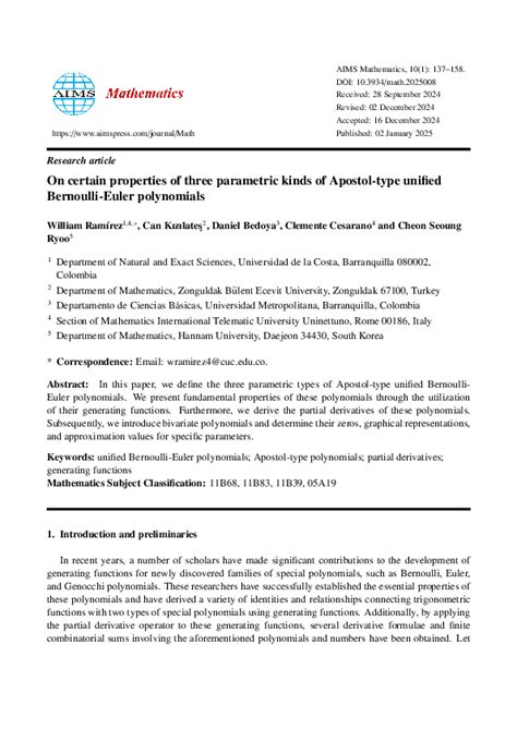 Pdf On Certain Properties Of Three Parametric Kinds Of Apostol Type Unified Bernoulli Euler