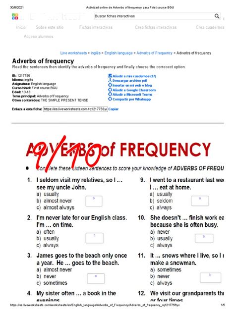 Actividad Online De Adverbs Of Frequency Para Firtst Course Bgu Pdf