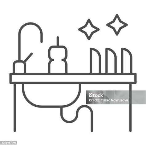 주방 용품 얇은 라인 아이콘 가정용 개념 흰색 배경에 설거지 표지판 식기 세척 액체 병 및 싱크대 아이콘에 깨끗한 접시가있는 주방 싱크대 벡터 그래픽 가구에 대한 스톡 벡터