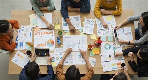Collaborative Teamwork Diverse Team Analyzes Data And Charts For Business Growth Strategy Stock