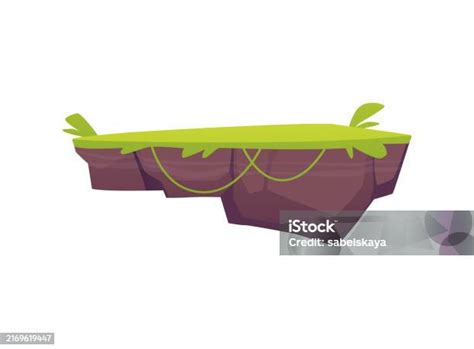 녹색 잔디밭 떠 다니는 잔디 땅 게임 섬 벡터 일러스트 레이 션 만화 판타지 여름 바위 무대 레벨 플랫폼 Brand Name Video Game에 대한 스톡 벡터 아트 및