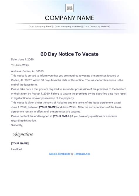 Tenant 60 Day Notice To Vacate Template Pl