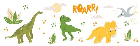 벡터 비행 공룡 익룡 T렉스 포식자 및 귀여운 초식 공룡 공룡 트리케라톱스 스테고사우르스 태양과 구름 Roar 비문 및 덤불