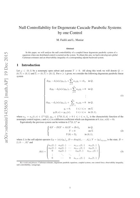 Pdf Null Controllability For Degenerate Cascade Parabolic Systems By One Control