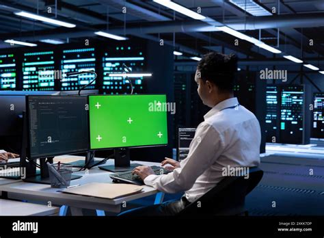 admin in data center using diagnostic tools and system monitoring