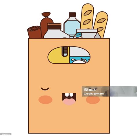 귀여운 사각형 종이 가방 핸들 및 식품 소시지 빵과 음료 주스와 물 병와 다채로운 실루엣에서 우유 판지 가방에 대한 스톡 벡터 아트 및 기타 이미지 Istock