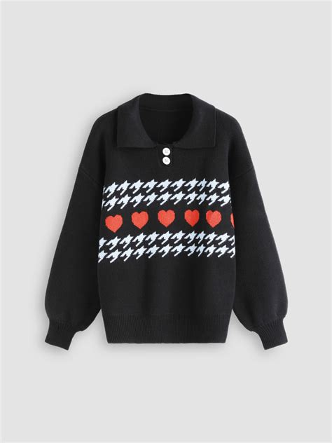 Houndstooth And Heart Pattern Sweater