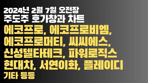 2024년 2월 7일 오전장주도주 호가창과 차트 에코프로 에코프로비엠 에코프로머티 씨씨에스 신성델타테크 파워로직스 현대차 서연이화 플레이디 기타 등등