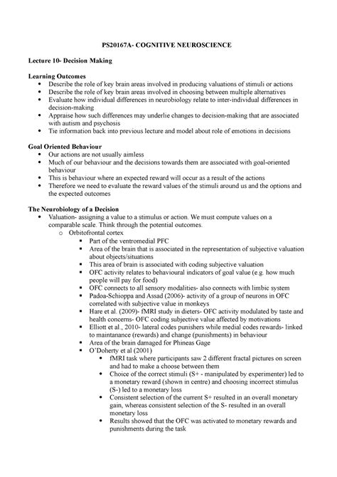 Lecture 10 Decision Making Ps20167a Cognitive Neuroscience Lecture 10 Decision Making