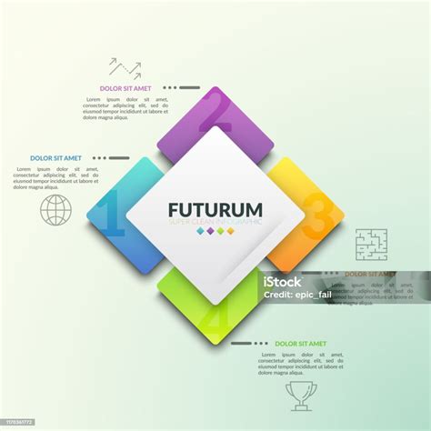 네 개의 숫자 사각형 요소는 중앙 요소 주위에 배치하고 라인으로 그림과 텍스트 상자로 수집 미래 인포 그래픽 디자인 템플릿 0명에 대한 스톡 벡터 아트 및 기타 이미지