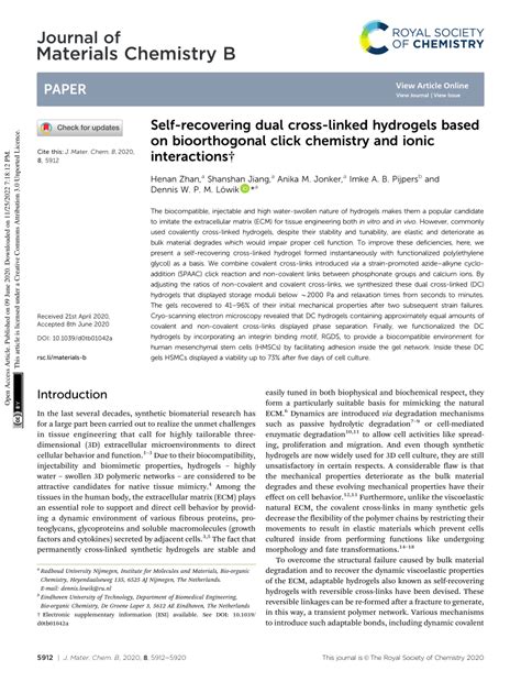 Pdf Self Recovering Dual Cross Linked Hydrogels Based On Bioorthogonal Click Chemistry And