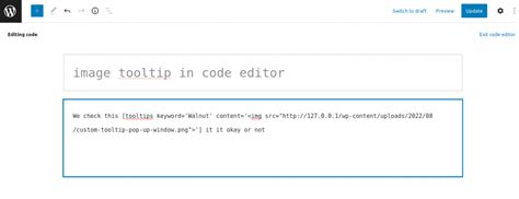 how to insert image tooltip shortcode inline in gutenberg supported by