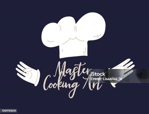 어두운 배경에 고립 된 개념을 요리 요리사 전문 흰색 모자와 장갑마스터 요리 예술 레터 교육 요리 로고 표지판 및 배너 요리사에 대한 스톡 벡터 아트 및 기타 이미지