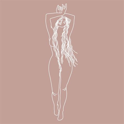 라인 아트 긴 머리를 가진 아름다운 벌거 벗은 소녀 어두운 배경에 흰색 개요 포스터 엽서 프리미엄 벡터