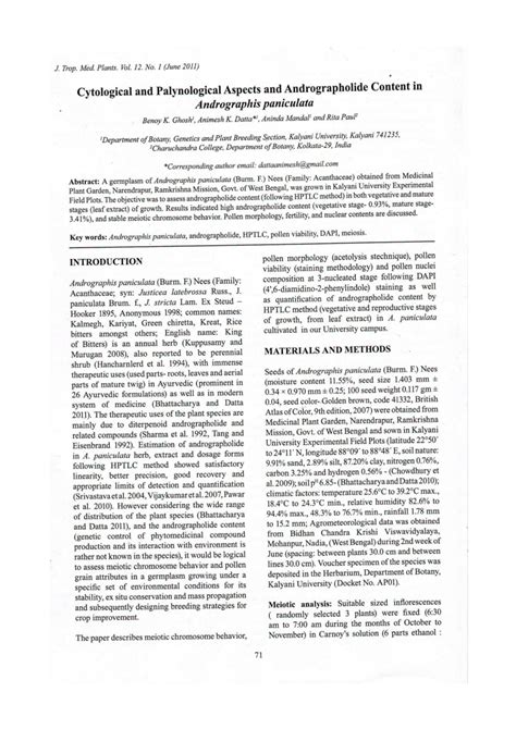 Pdf Cytological And Palynological Aspects And Andrographolide Content