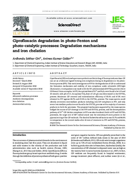 Pdf Ciprofloxacin Degradation In Photo Fenton And Photo Catalytic Processes Degradation