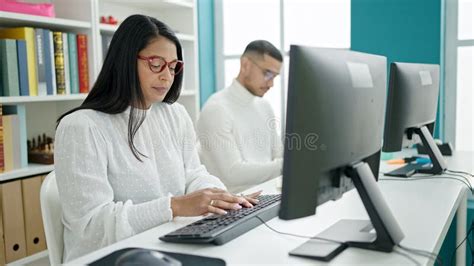 Man And Woman Babes Using Computer Studying At University Classroom Stock Photo Image Of
