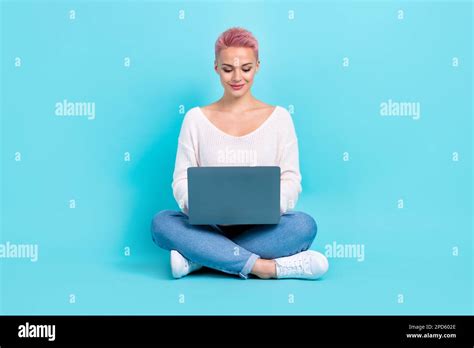 Full Body Length Photo Of Positive Girl Wear White Pullover Writing Laptop Python Coder It