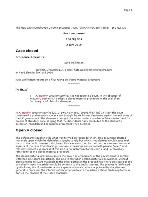Case Closed New Law Journal 160 Nlj 939 2 July 2010 Pdf Discovery