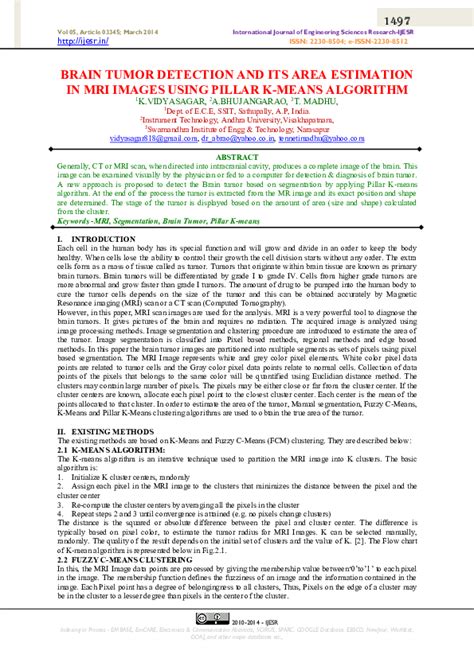 Pdf Brain Tumor Detection And Its Area Estimation In Mri Images Using Pillar K Means Algorithm