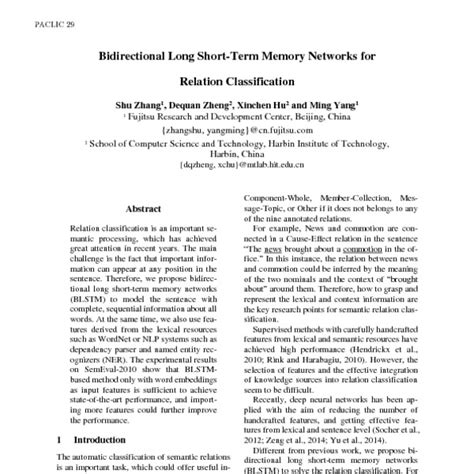 Bidirectional Long Short Term Memory Networks For Relation Classification Acl Anthology