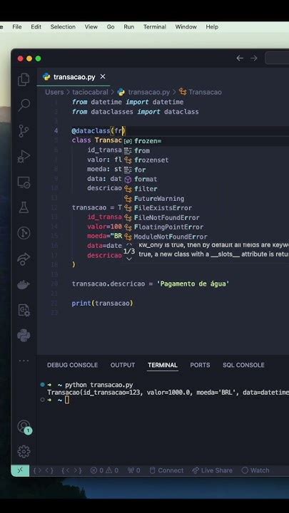 Classes Imutáveis Com Dataclass Em Python Python Programming Dataclass Shorts Youtube