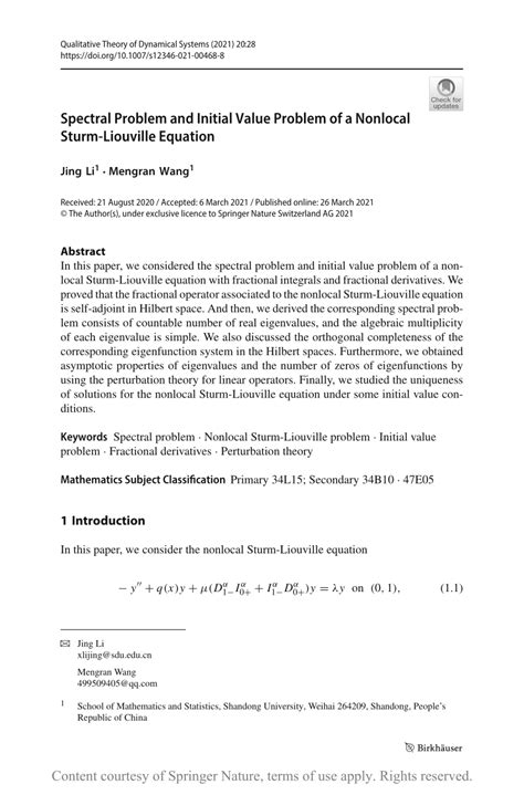 Spectral Problem And Initial Value Problem Of A Nonlocal Sturm Liouville Equation Request Pdf