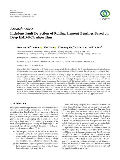 pdf incipient fault detection of rolling element bearings based on deep emd pca algorithm