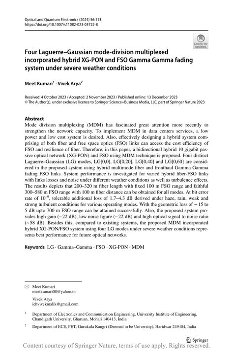 Four Laguerre Gaussian Mode Division Multiplexed Incorporated Hybrid Xg Pon And Fso Gamma Gamma