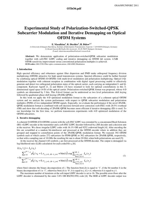 Pdf Experimental Study Of Polarization Switched Qpsk Subcarrier Modulation And Iterative