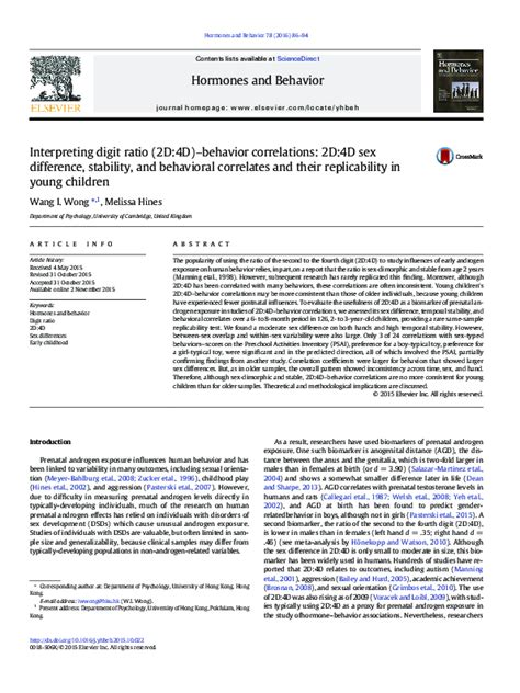 Pdf Interpreting Digit Ratio 2d 4d Behavior Correlations 2d 4d Sex